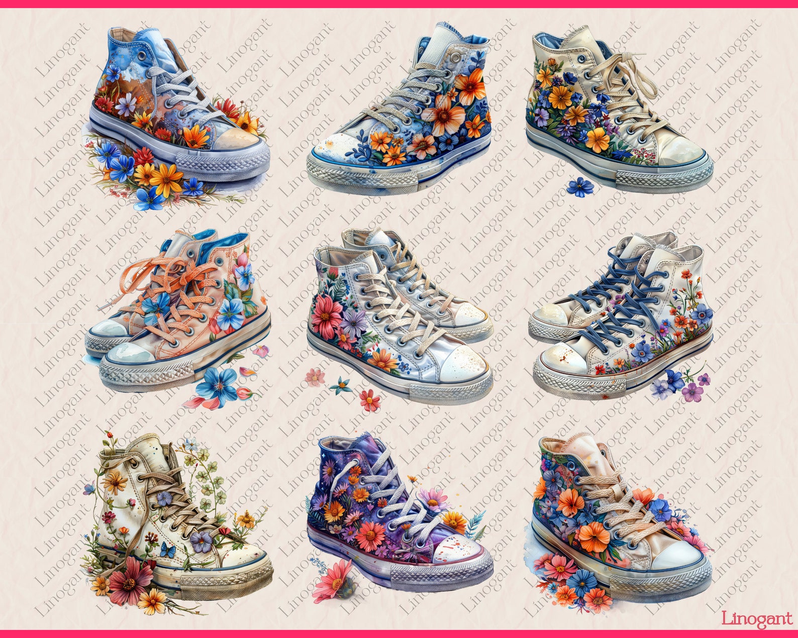Watercolor Floral Sneakers Clipart Bundle, Flower Shoes Clip Art Set ...