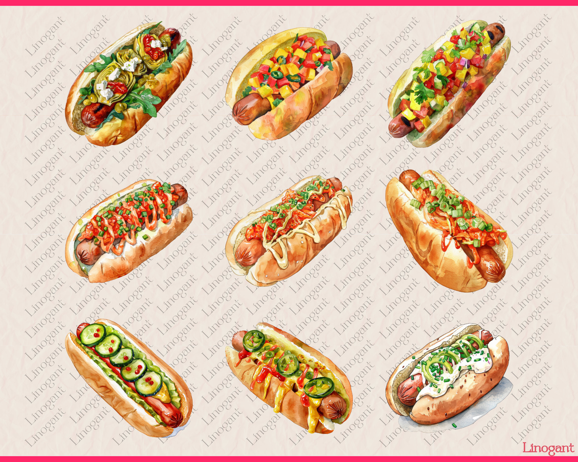 Watercolor Hot Dog Clipart Bundle, Fast Food Clip Art Set, Bakery ...