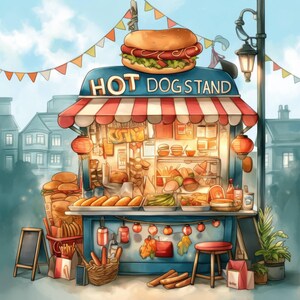 Whimsical Hot Dog Stand Clip Art 12 High Res Watercolor Jpgs for Junk ...