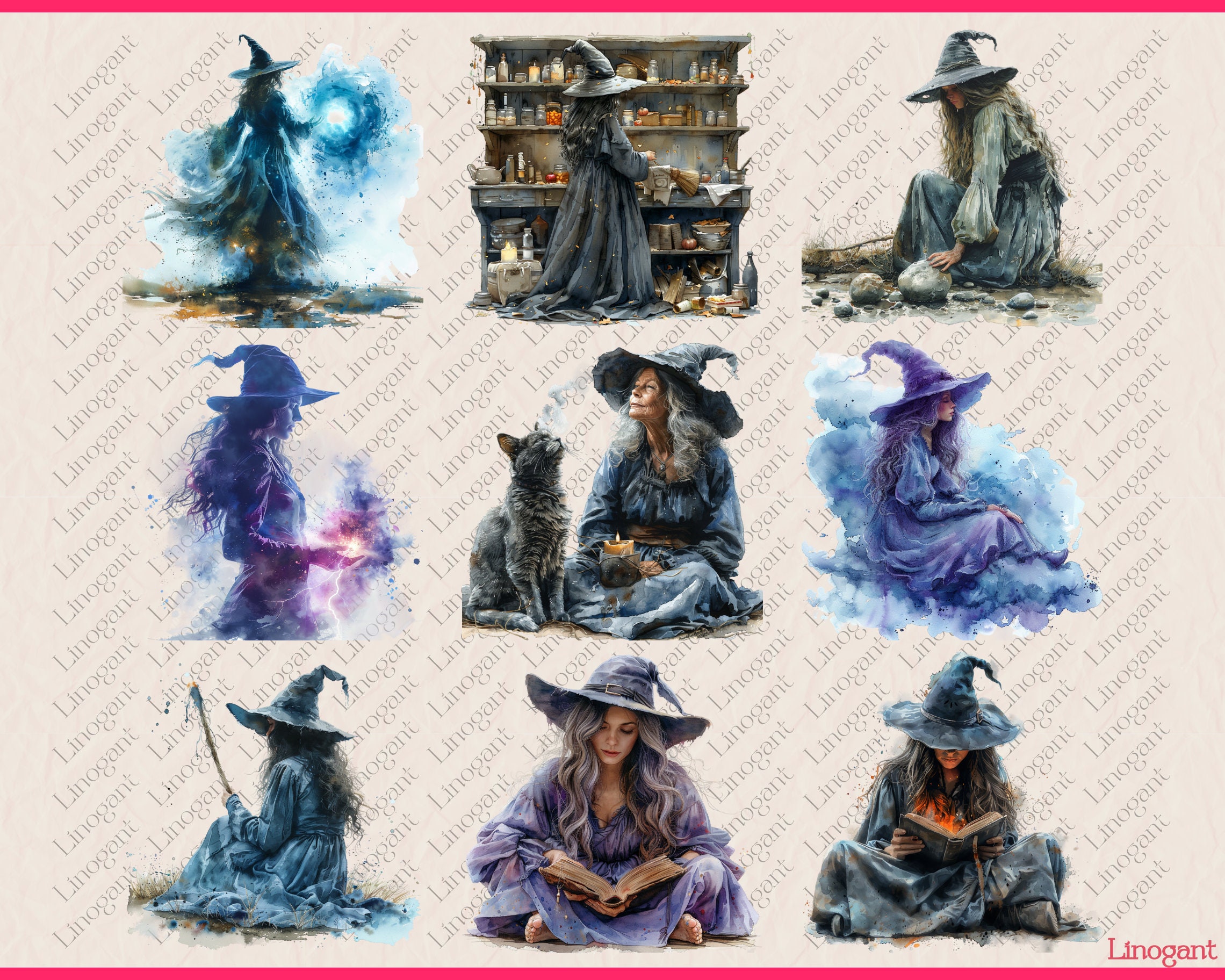 Watercolor Witch Clipart Bundle, Halloween Witch Clip Art Set, Fantasy ...