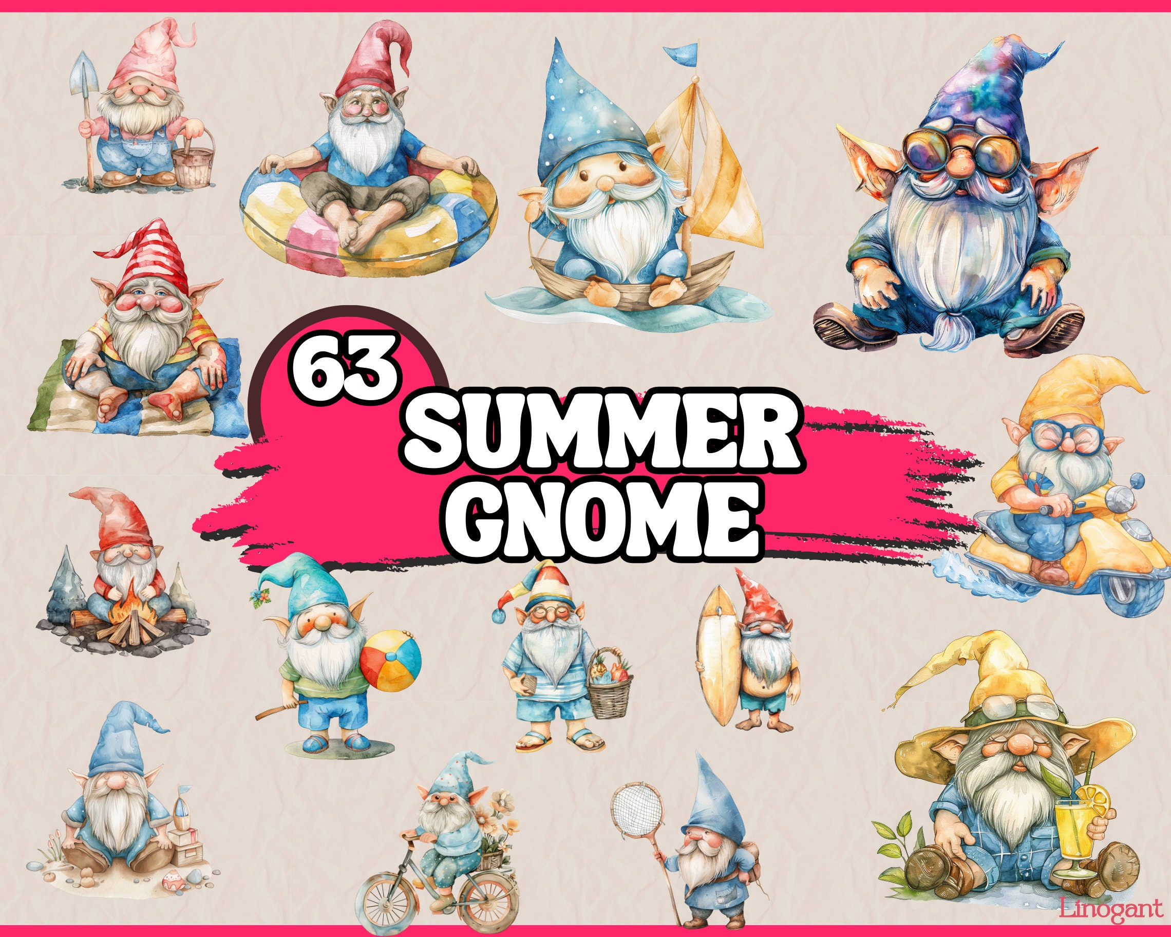 Watercolor Summer Gnome Clipart Bundle, Clip Art Set With Beach Ball ...