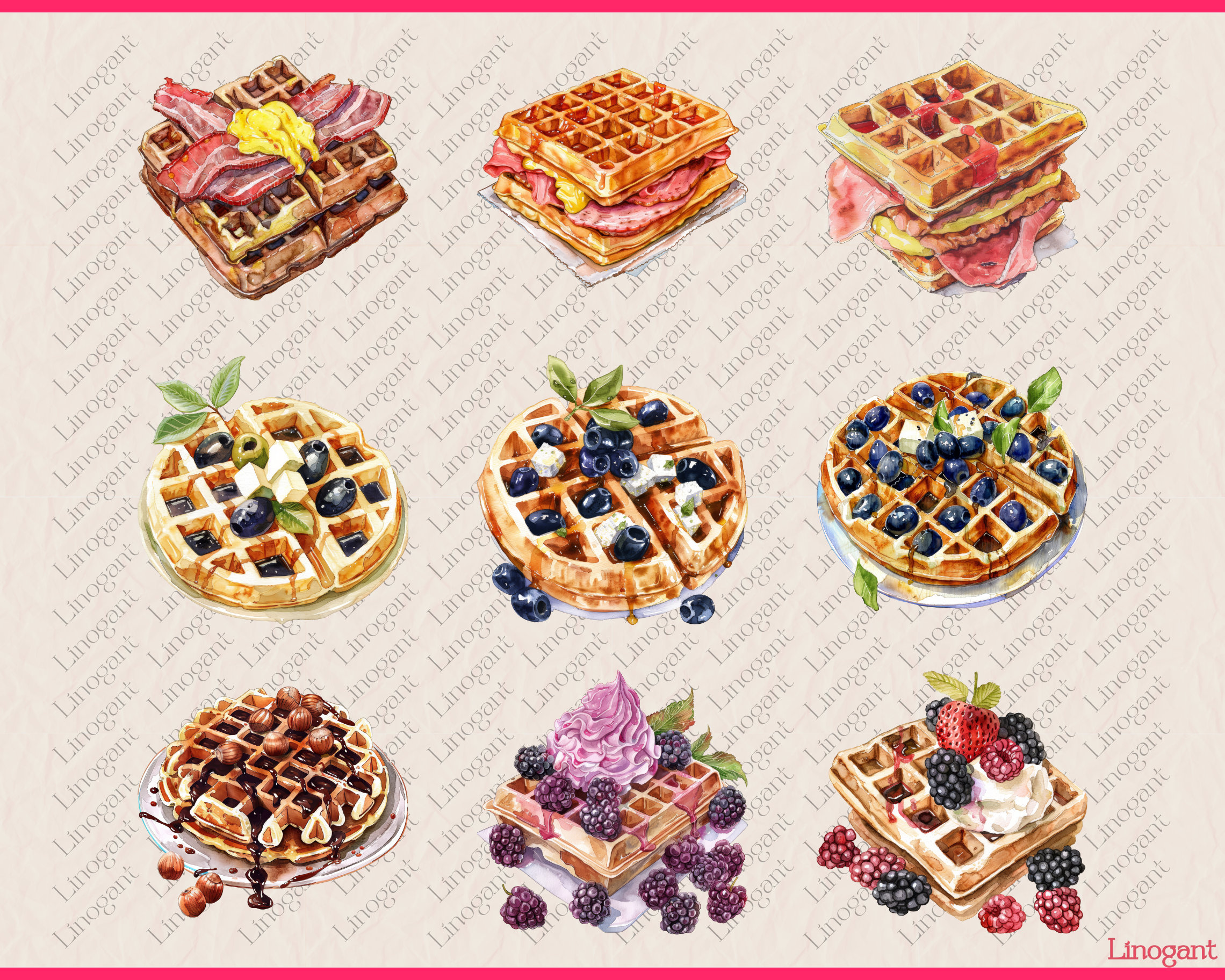 Watercolor Waffle Clipart Bundle, Food Clip Art Set, Bakery, Dessert ...