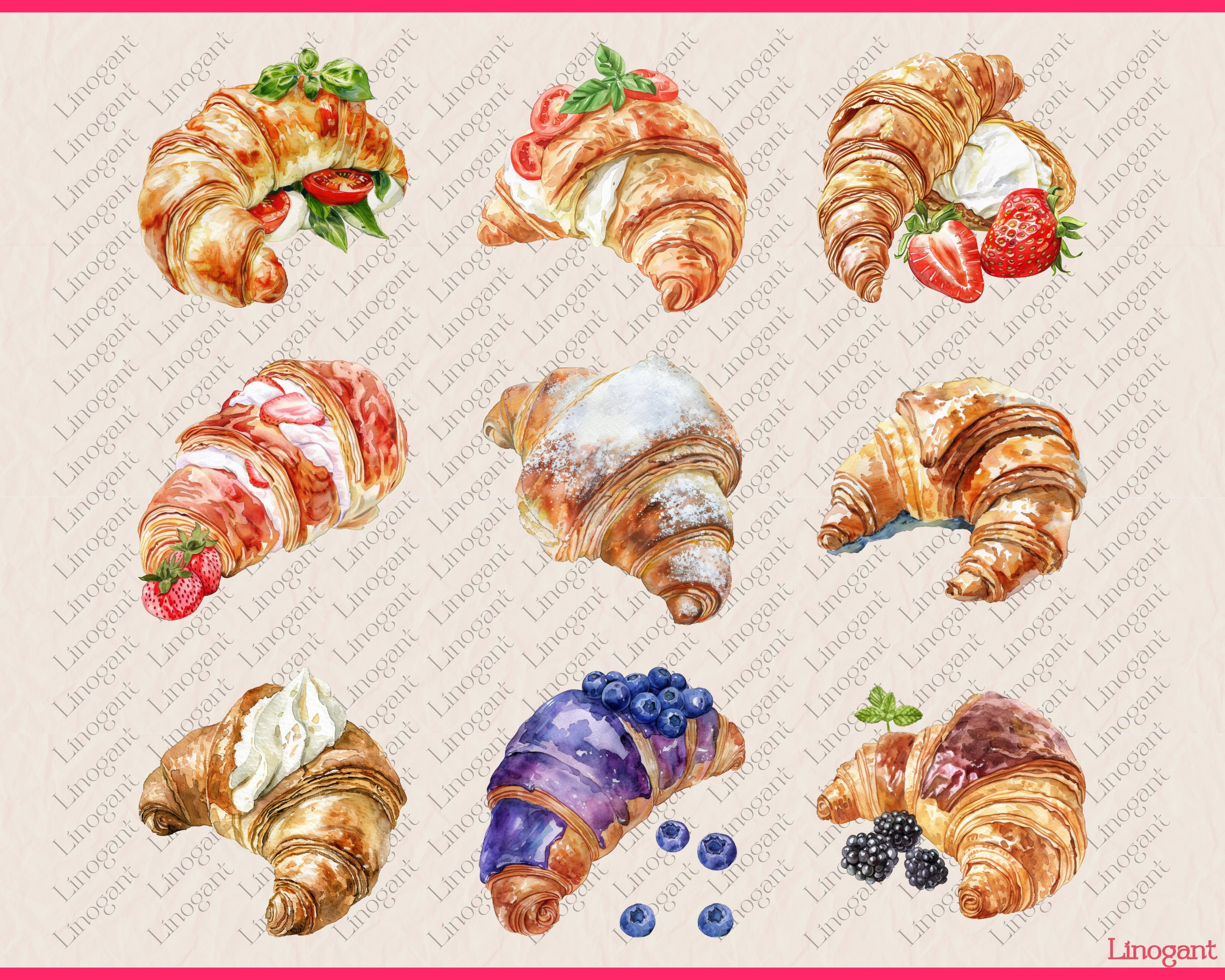 Watercolor Croissant Clipart Bundle, Breakfast Clip Art Set, Bakery ...