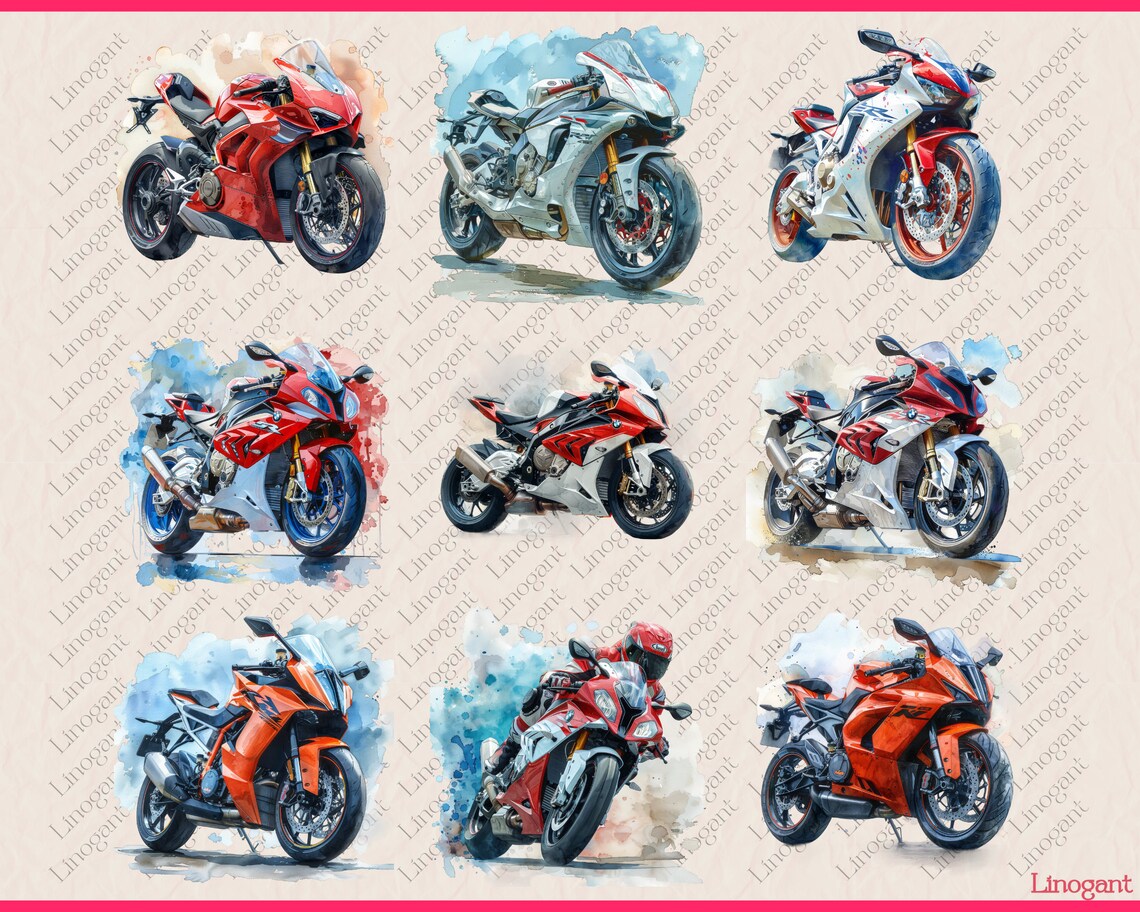 Watercolor Racing Motorcycles Clipart Bundle, Motor Racing Clip Art Set ...