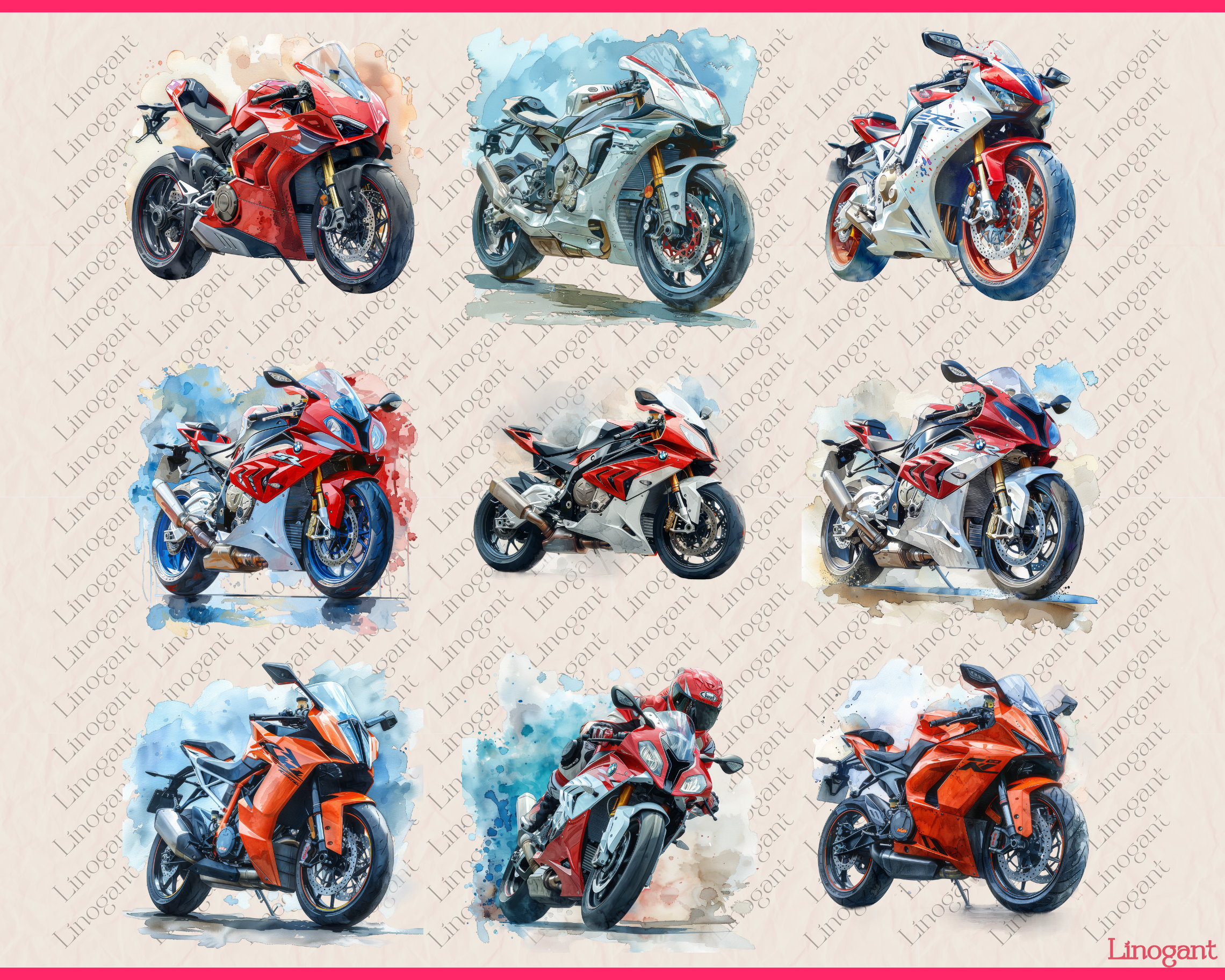 Watercolor Racing Motorcycles Clipart Bundle, Motor Racing Clip Art Set ...