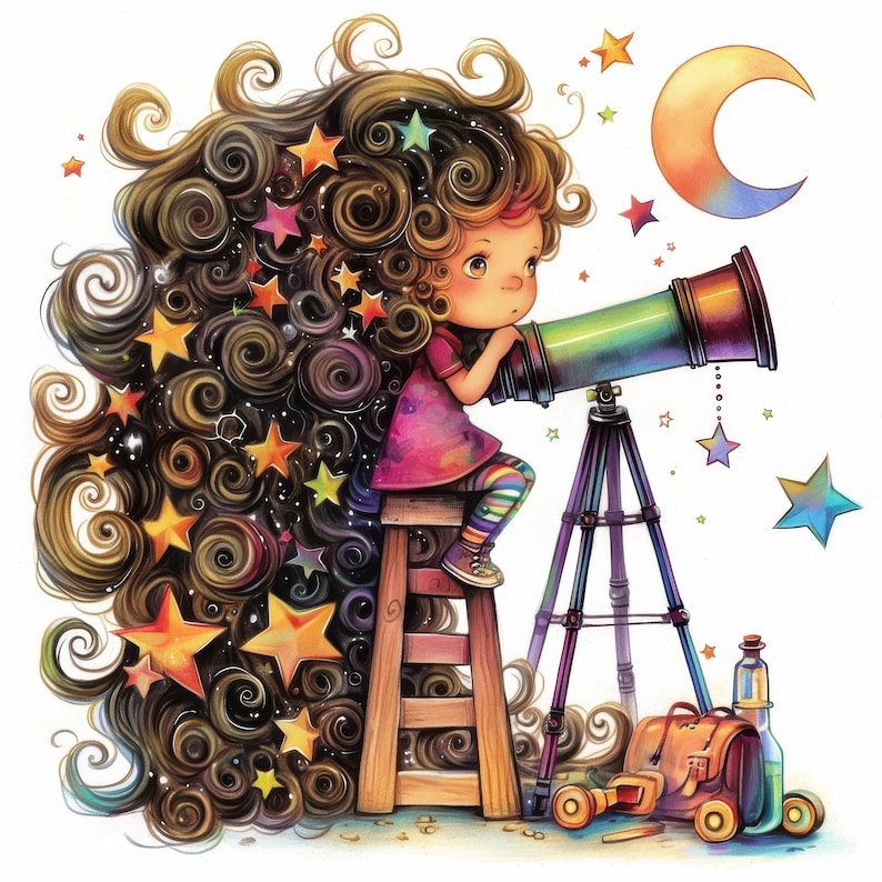 Whimsical Stargazer Girl Clip Art 10 High Res Watercolor Jpgs for Junk ...