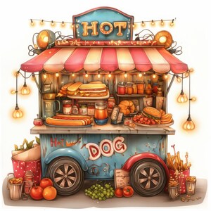 Adorable Hot Dog Cart Clip Art 13 High Res Watercolor Jpgs for Junk ...