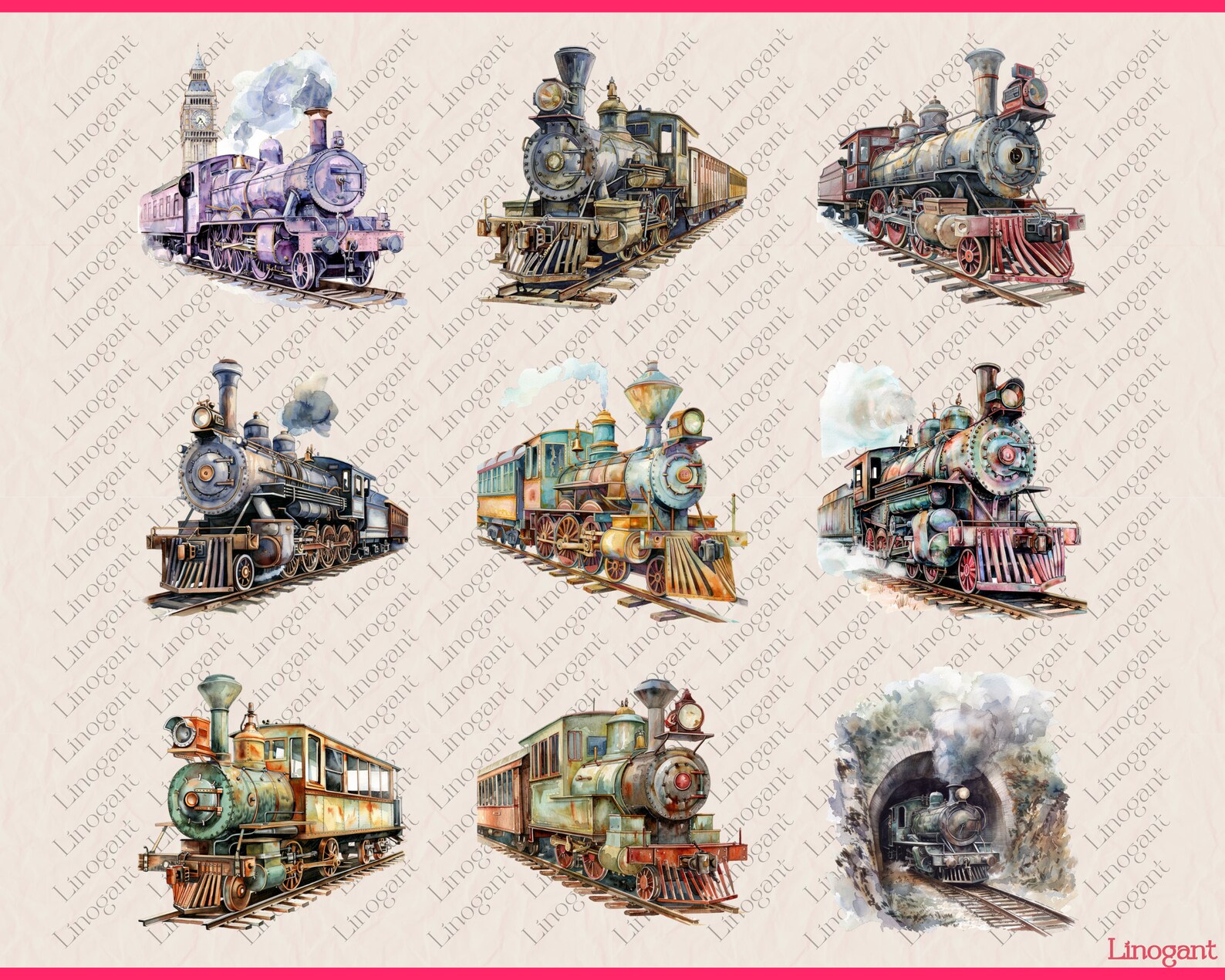 Watercolor Victorian Train Clipart Bundle, Travel on Railroad Vintage ...