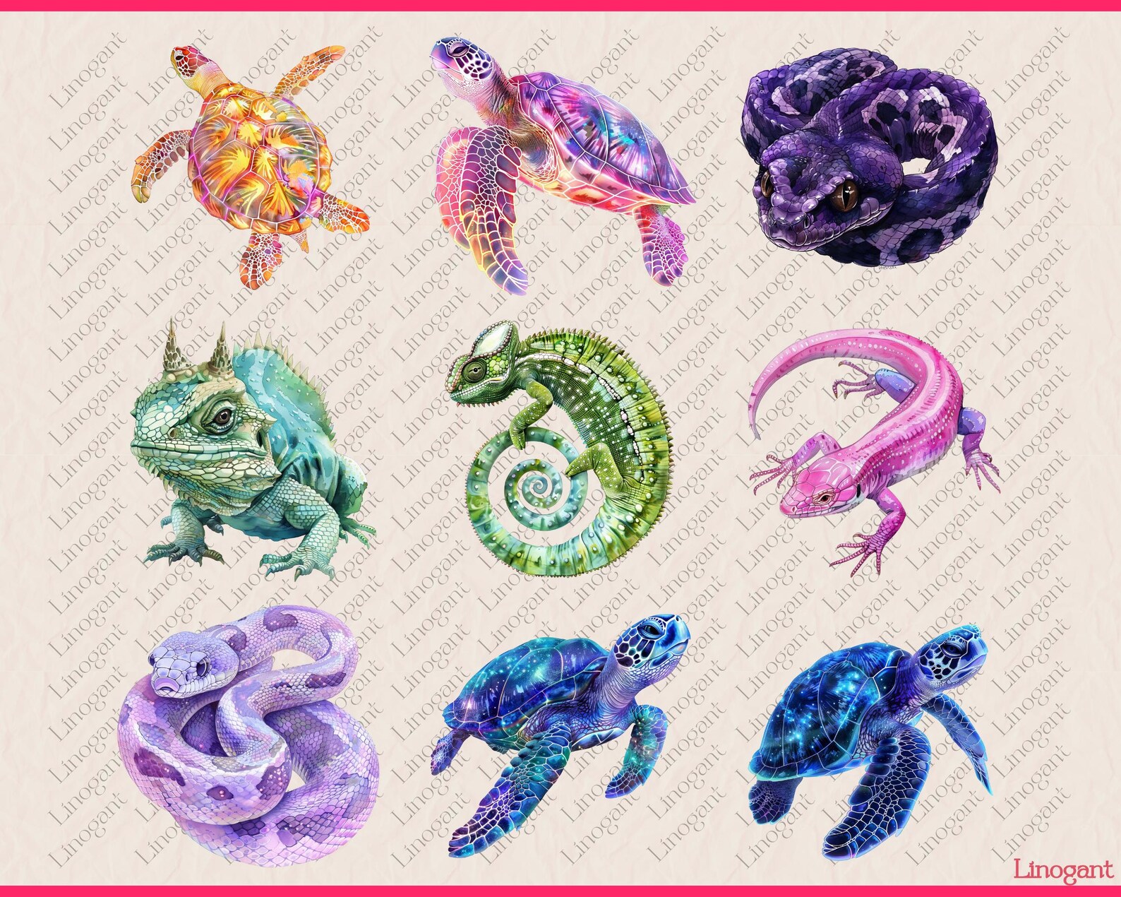 Watercolor Neon Reptile Clipart, Snake, Turtle, Crocodile, Lizard ...
