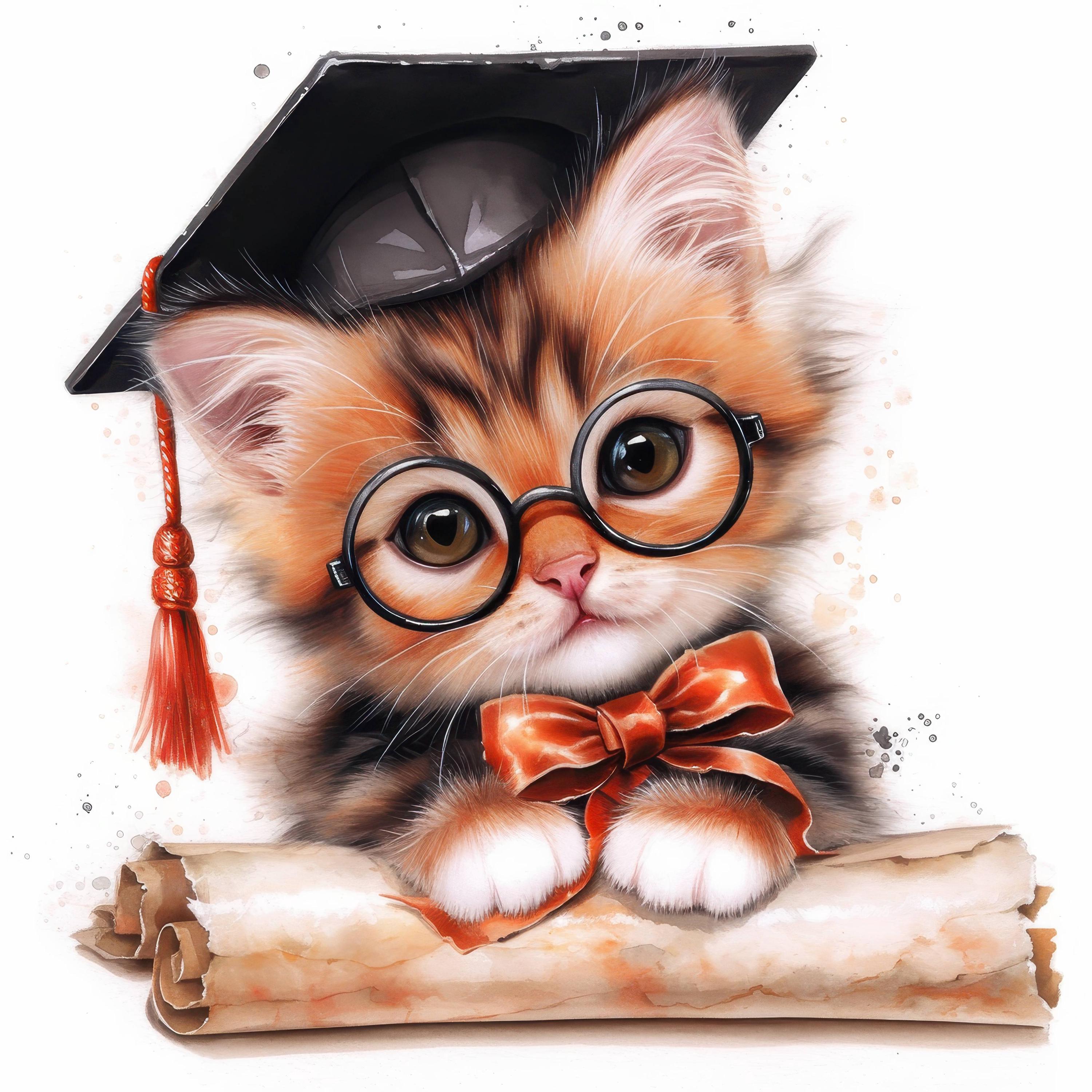 12 Graduation Cats With Glasses Clipart Bundle, Cat Illustration ...