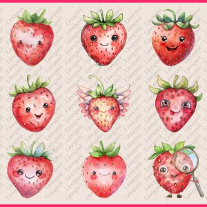 Watercolor Kawaii Strawberry Clipart Bundle, Cute Tropical Fruit Clip ...