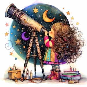 Whimsical Stargazer Girl Clip Art 10 High Res Watercolor Jpgs for Junk ...