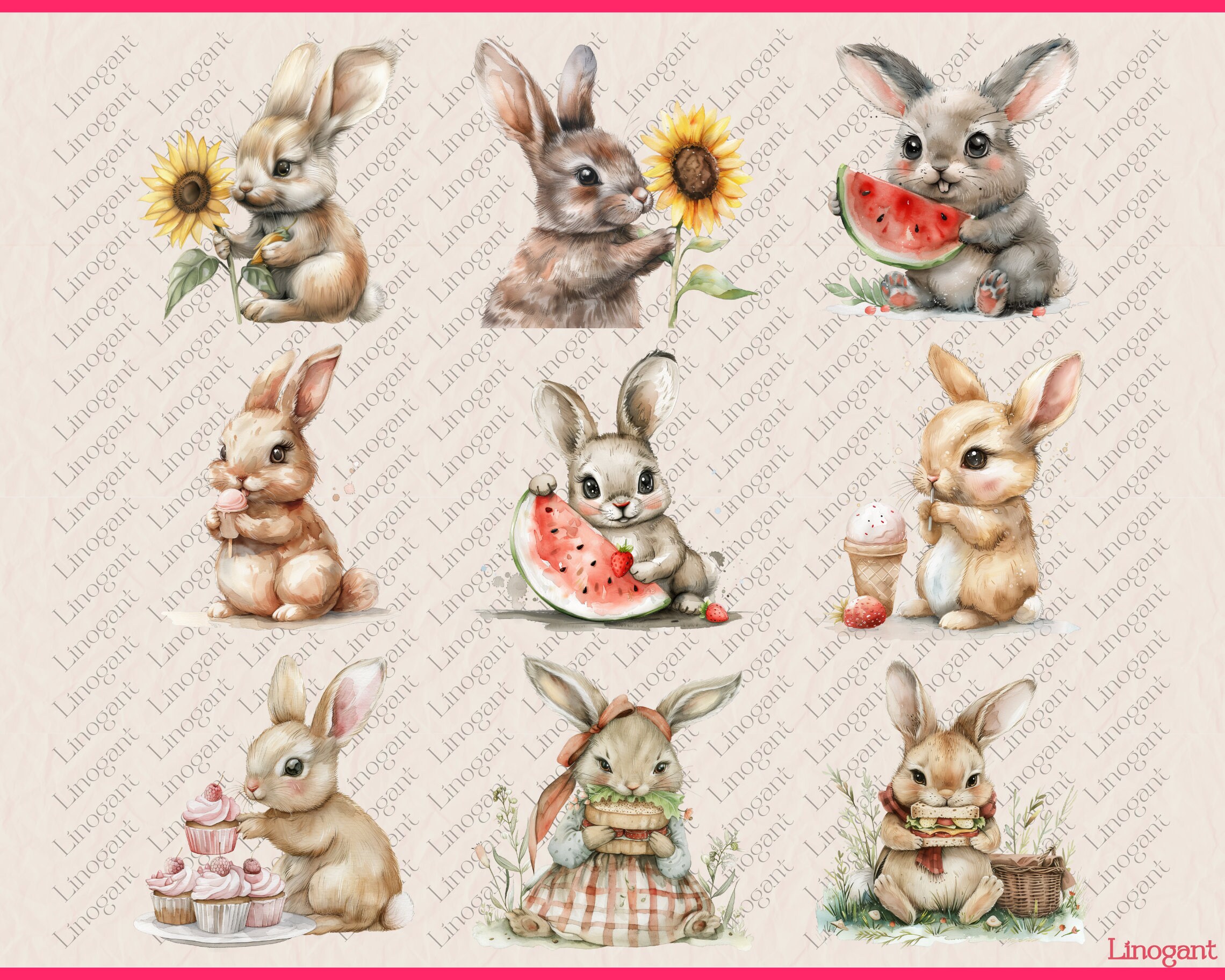 Watercolor Bunny Clipart Bundle, Bunnies at Picnic Clip Art Set ...