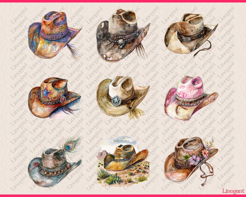 Watercolor Western Cowboy Hat Clipart Bundle, Cowgirl Hat Clip Art Set ...