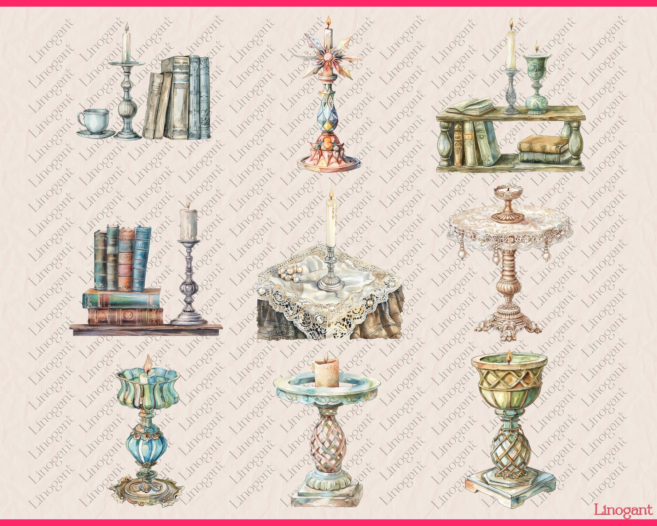 Watercolor Victorian Candlestick Clipart Bundle, Retro Candle Stick ...