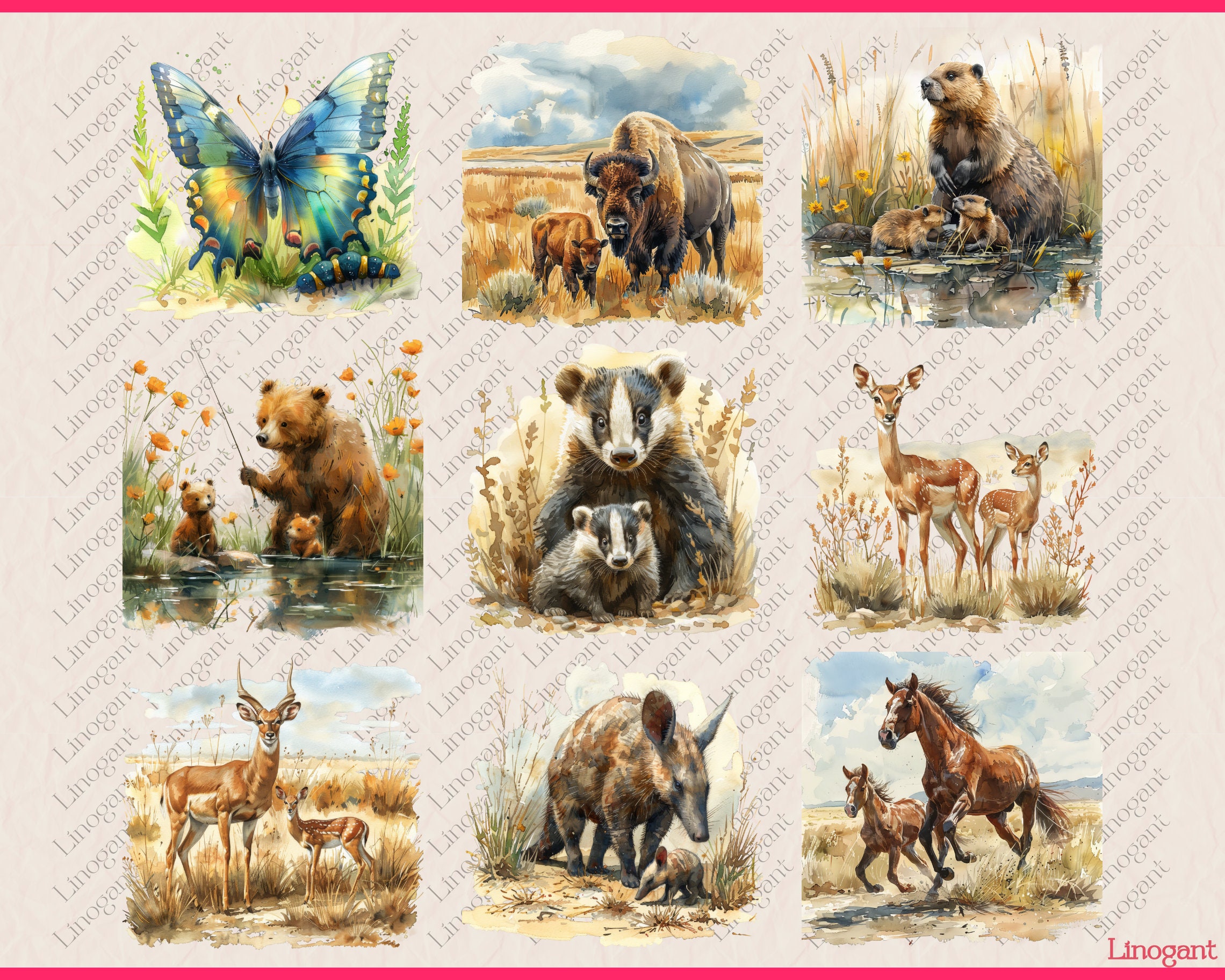 Watercolor Cute Mother and Baby Animals Clipart Bundle, Mom and Baby ...