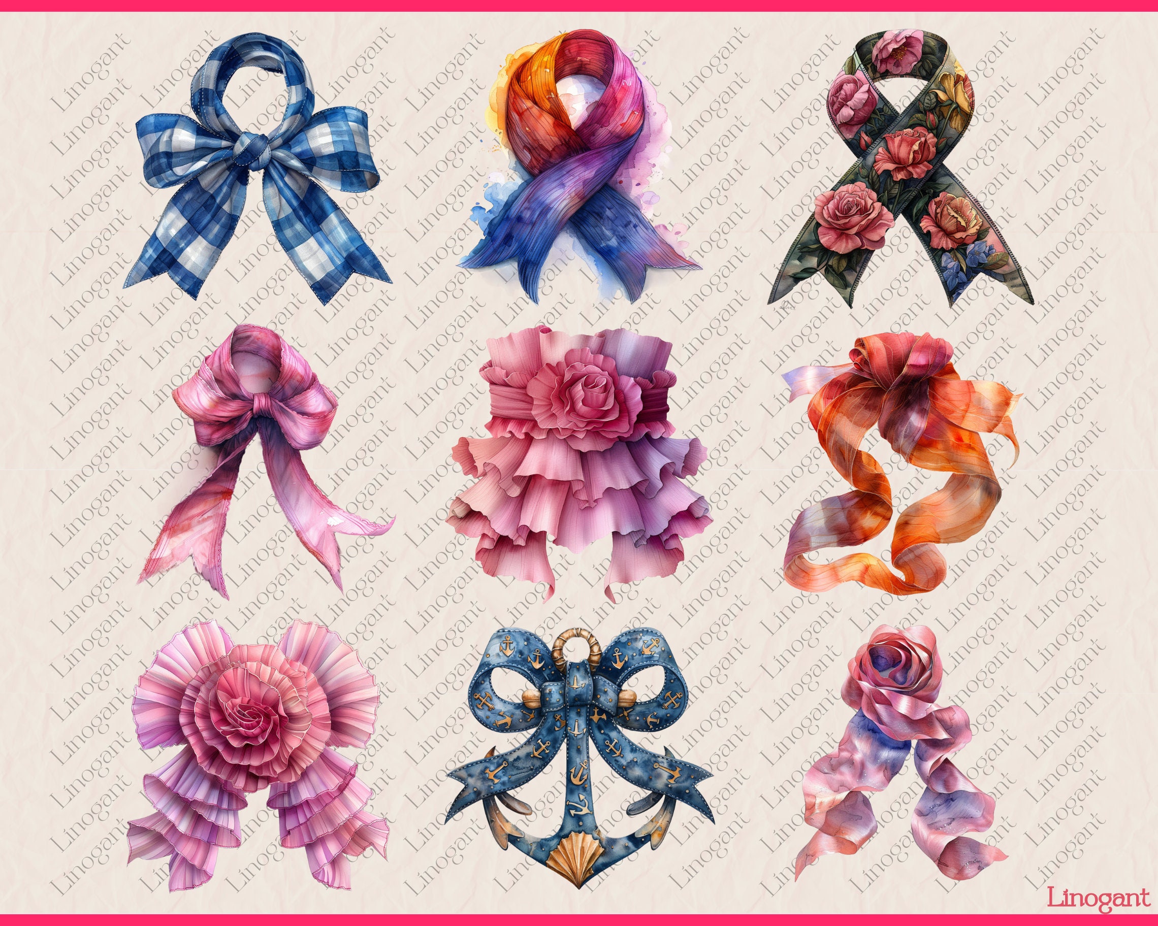 Watercolor Ribbon Bow Clipart Bundle, Ribbons and Bows Colorful Clip ...