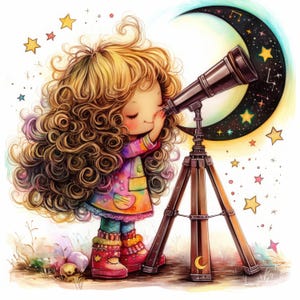 Whimsical Stargazer Girl Clip Art 10 High Res Watercolor Jpgs for Junk ...