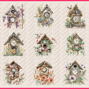 Watercolor Floral Cuckoo Clock Clipart Bundle, Flower Clocks Clip Art ...