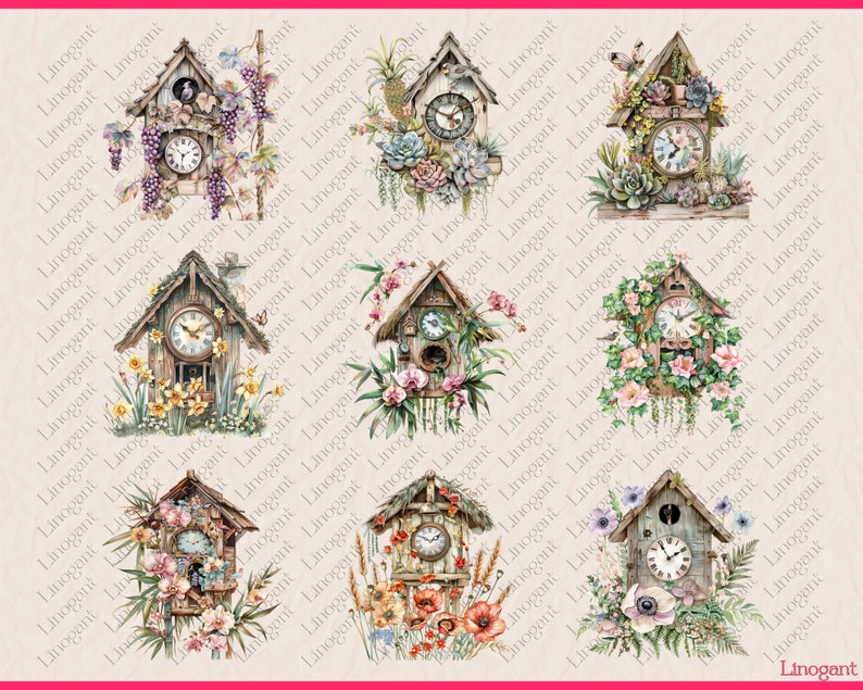 Watercolor Floral Cuckoo Clock Clipart Bundle, Flower Clocks Clip Art ...