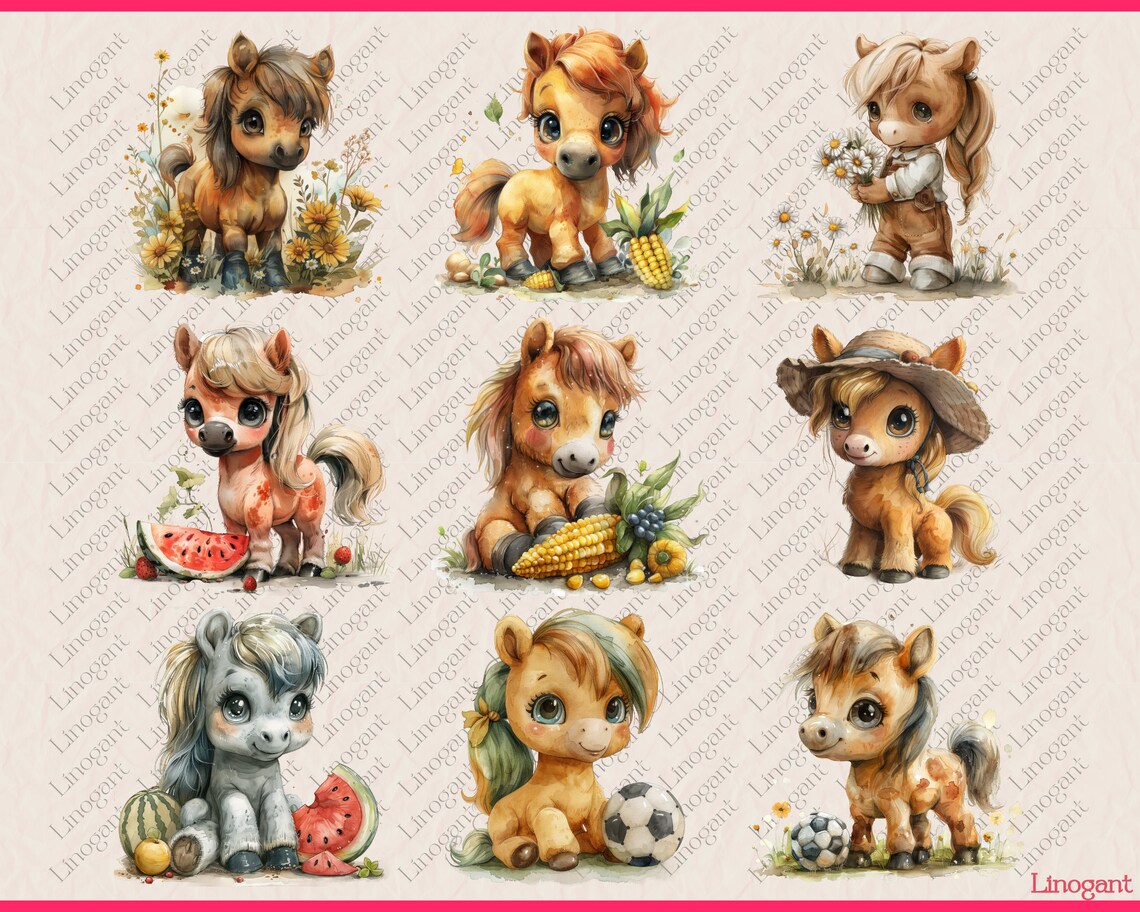 Watercolor Summer Pony Clipart Bundle, Ponies Clip Art Set, Baby Horse ...