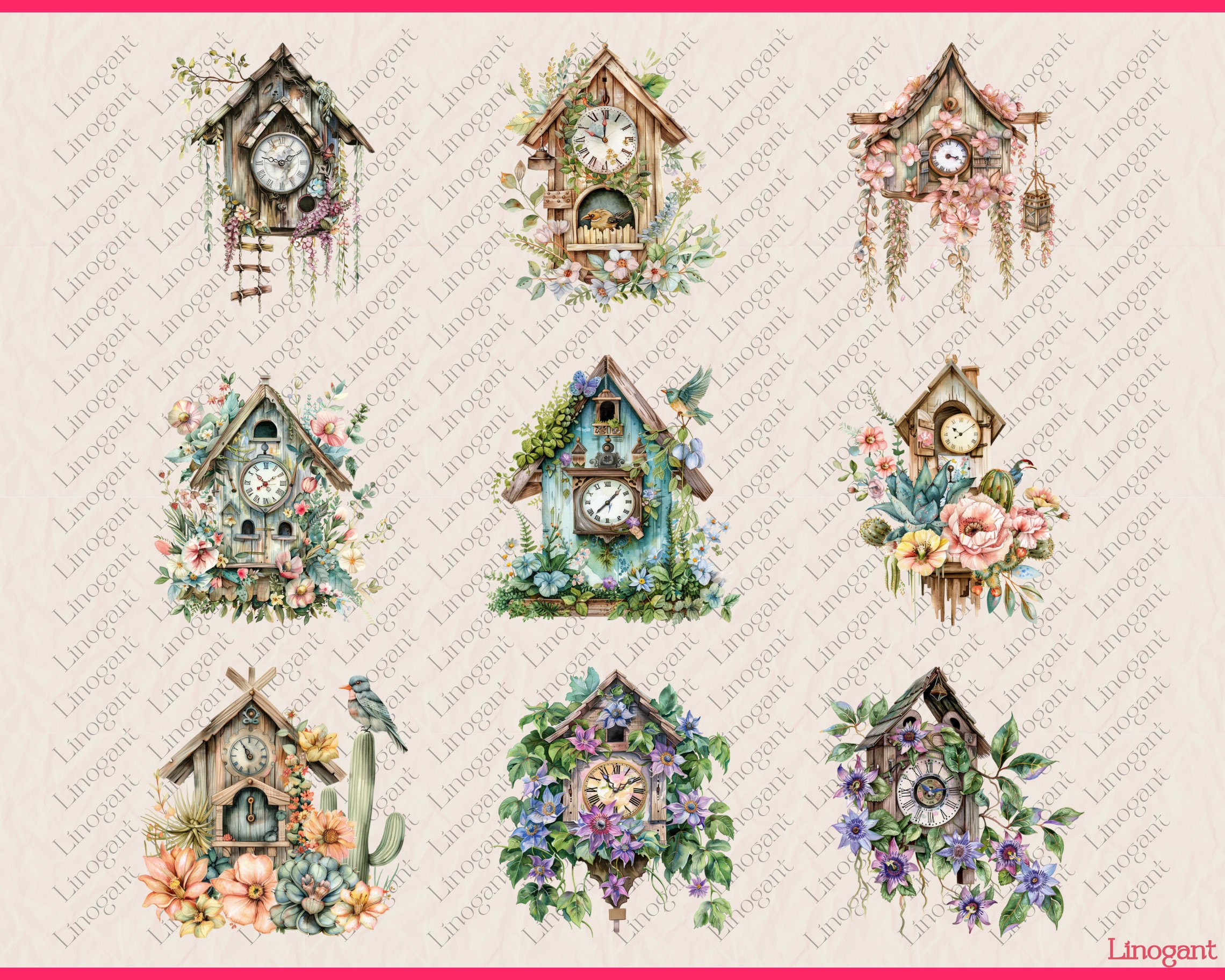Watercolor Floral Cuckoo Clock Clipart Bundle, Flower Clocks Clip Art ...