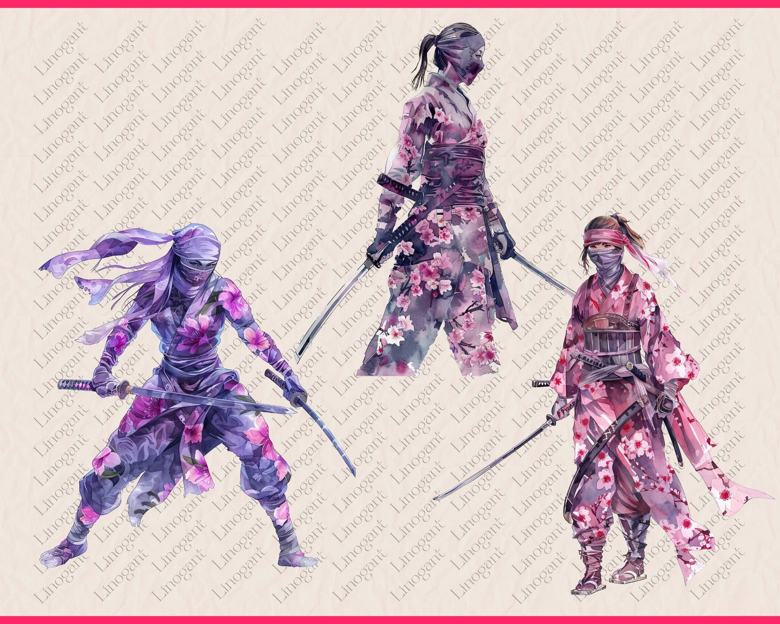21 PNG Female Ninja Clipart Bundle, Ninja Assassin With Flowers and ...