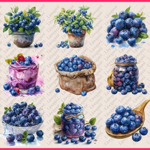 Watercolor Blueberry Clipart Bundle, Fruits Clip Art Set, Blue Berry ...