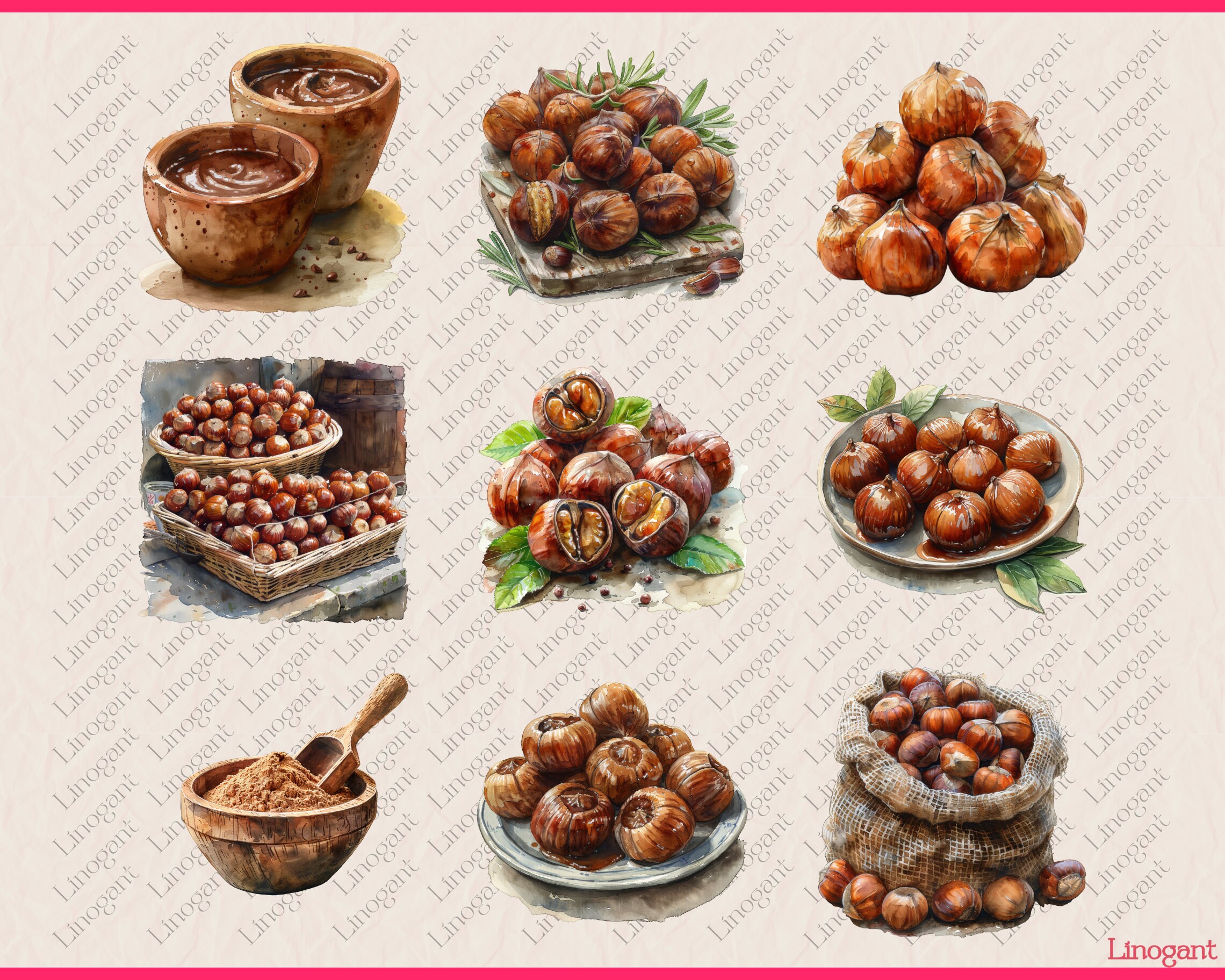 Watercolor Chestnut Clipart Bundle, Chestnut Nuts Clip Art Set, Box ...
