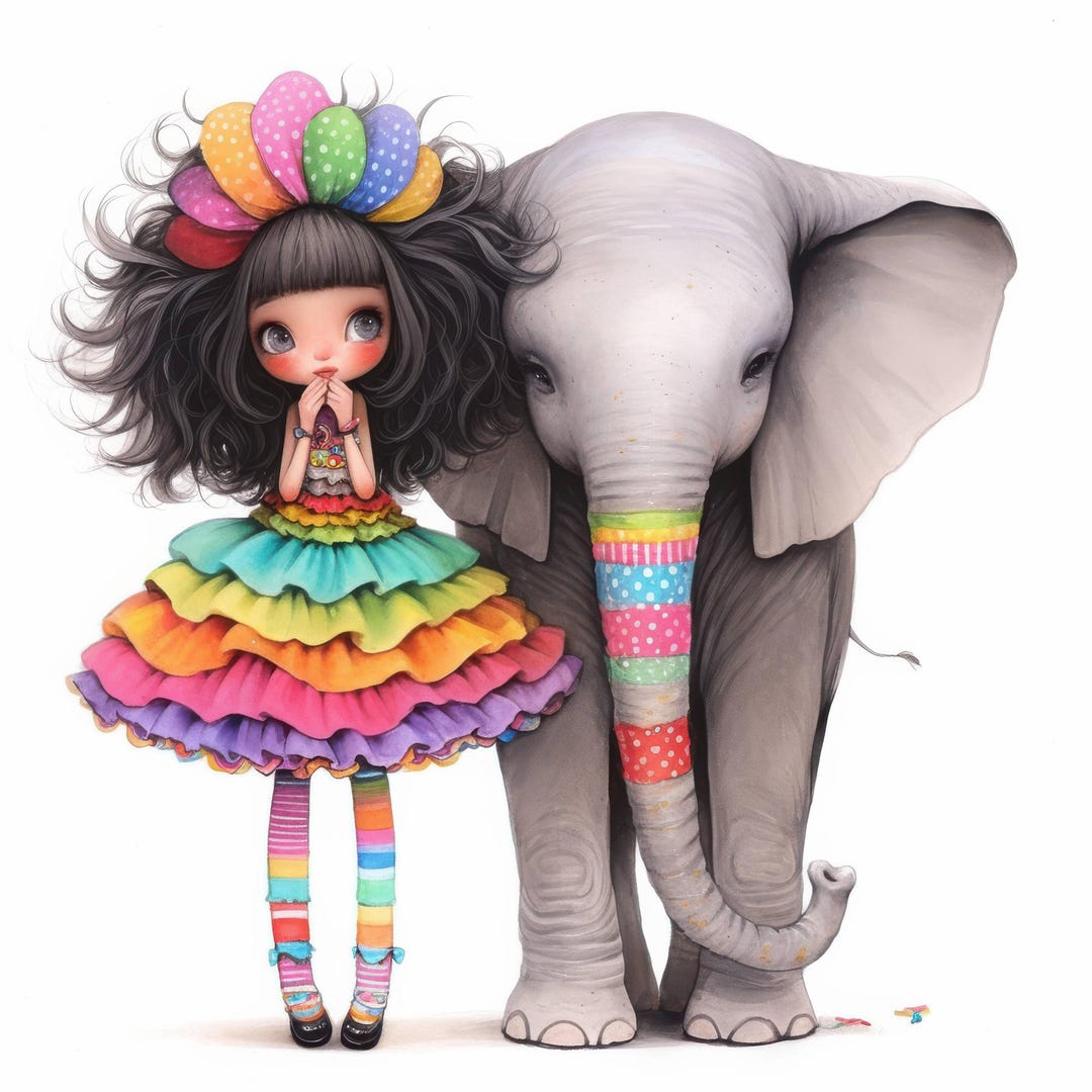 Quirky Elephant & Girl Clipart 10 High Res Watercolor Jpgs for Junk ...