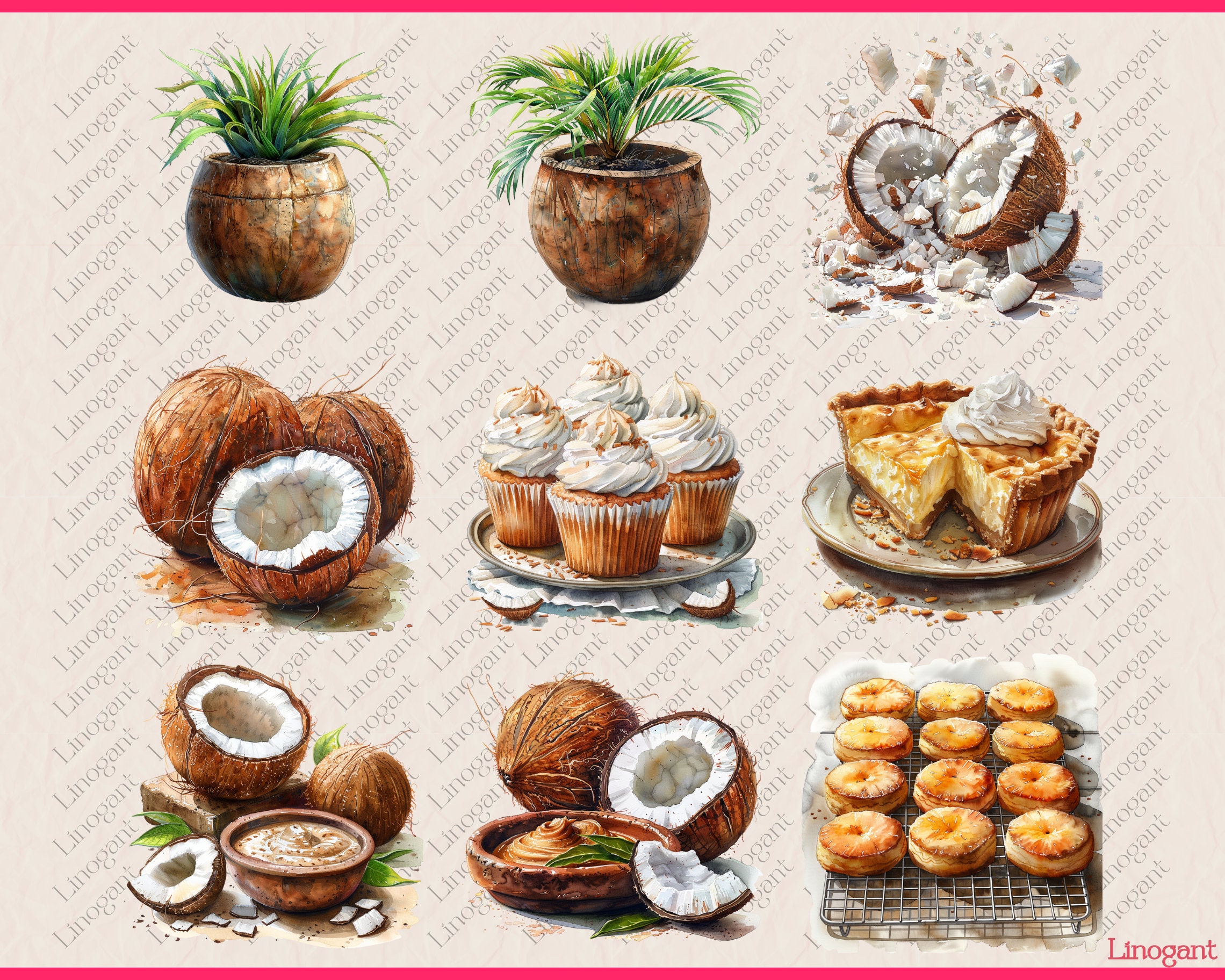 Watercolor Coconut Clipart Bundle, Tropical Clip Art Set, Coconut Trees ...