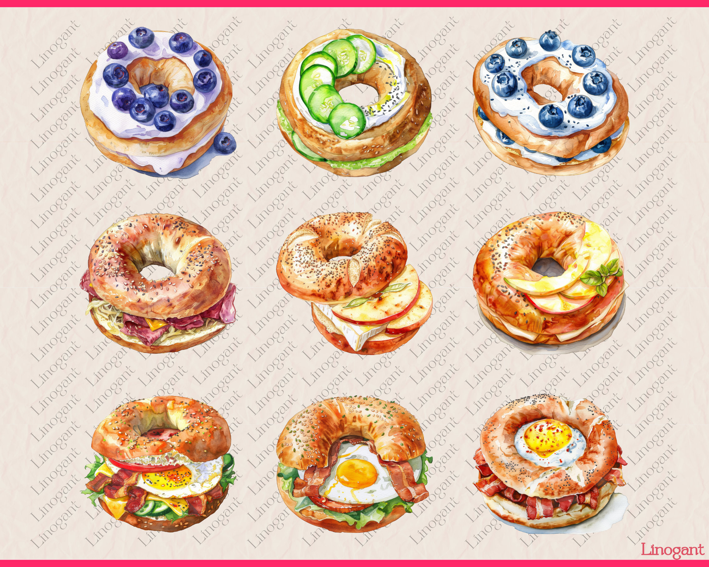 Watercolor Bagel Sandwich Clipart Bundle, Breakfast Food Clip Art Set ...
