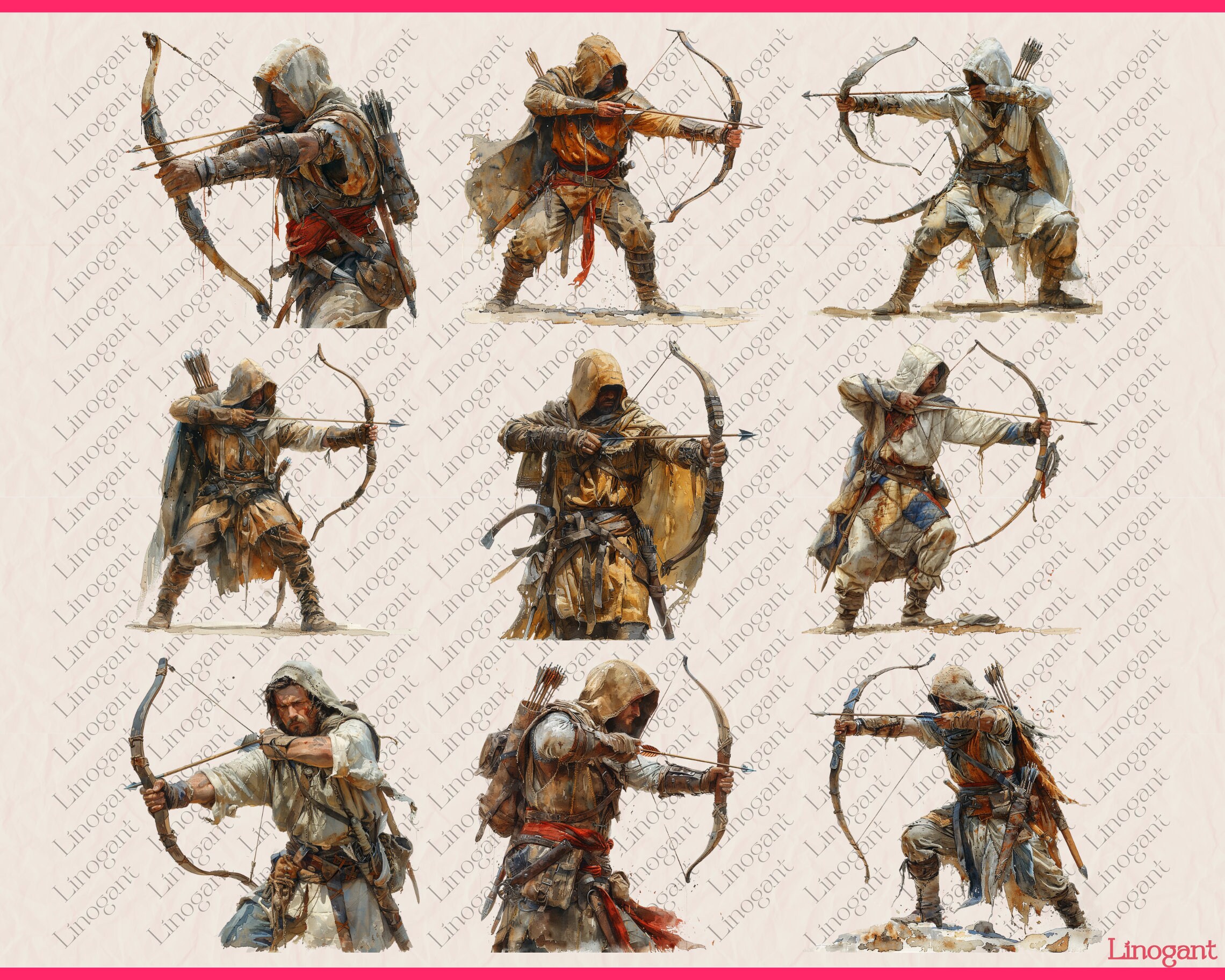 Watercolor Medieval Archer Clipart Bundle, Historical Bowman Clip Art ...