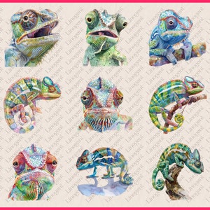 Watercolor Chameleon Clipart Bundle, Chamelon Clip Art Set, Wild Animal ...