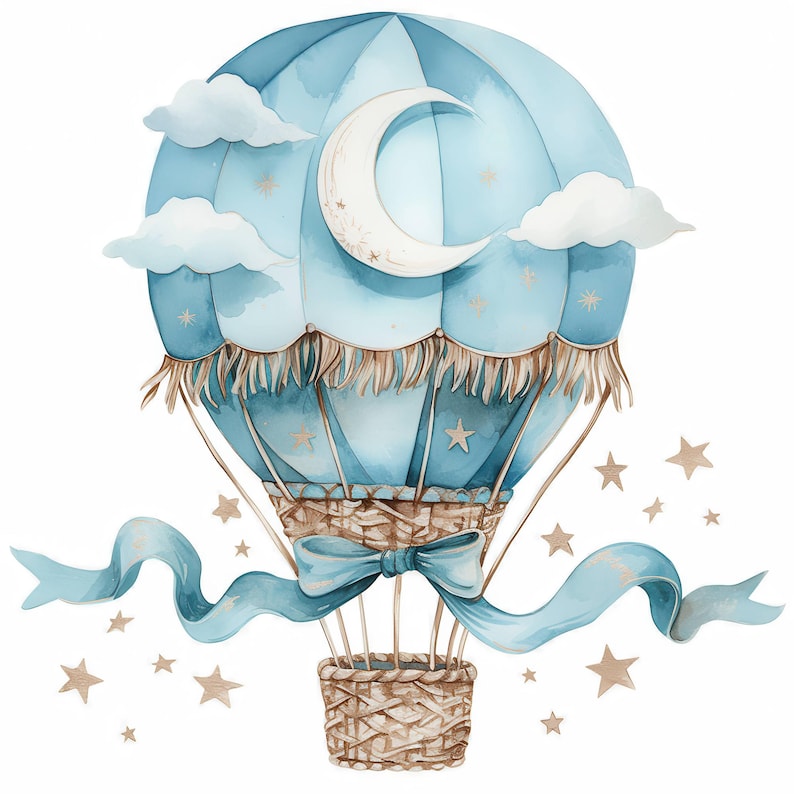11 Baby Blue Hot Air Balloon Clipart Bundle, Dreamy Nursery ...