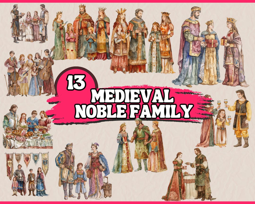 Watercolor Medieval Noble Family Clipart Bundle, Middle Age Royal Clip ...