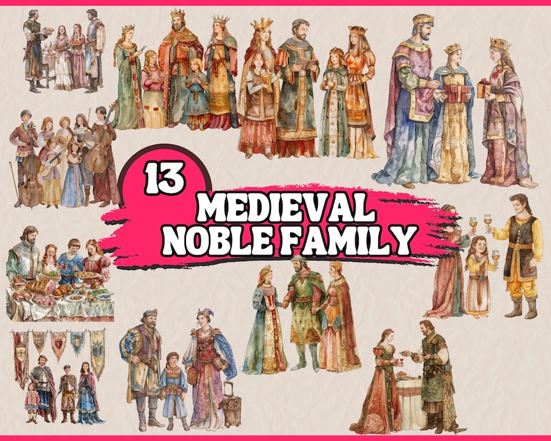 Watercolor Medieval Noble Family Clipart Bundle, Middle Age Royal Clip ...