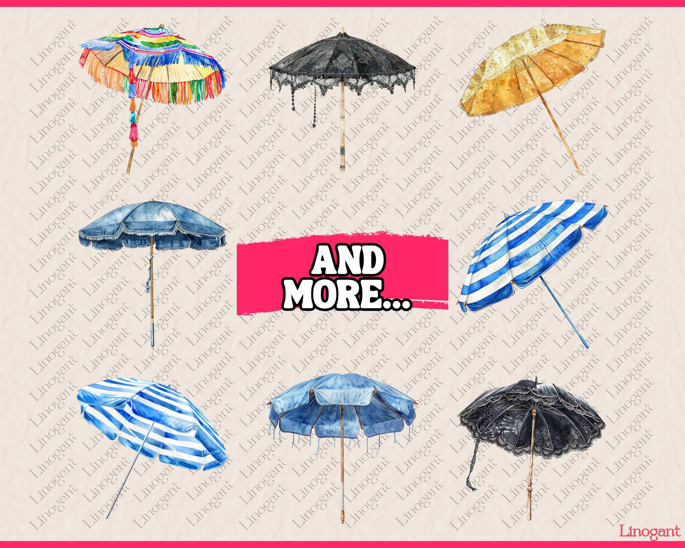 Watercolor Beach Umbrella Clipart Bundle, Sea Side Trip Clip Art Set ...