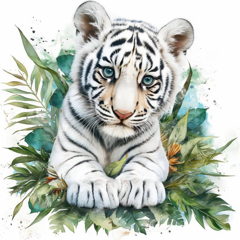 10 White Tiger Cub Clipart Bundle, Winter Tiger Illustration, Printable ...