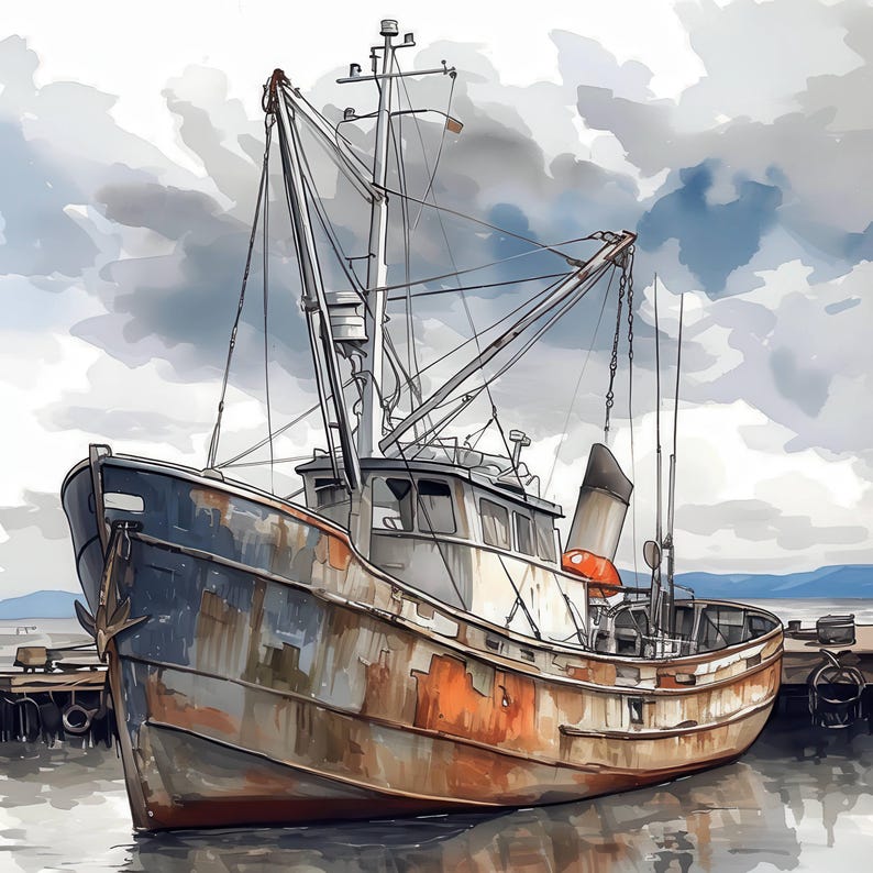 12 Fishing Trawler Clipart Bundle, Colorful Boat Scene Illustration ...