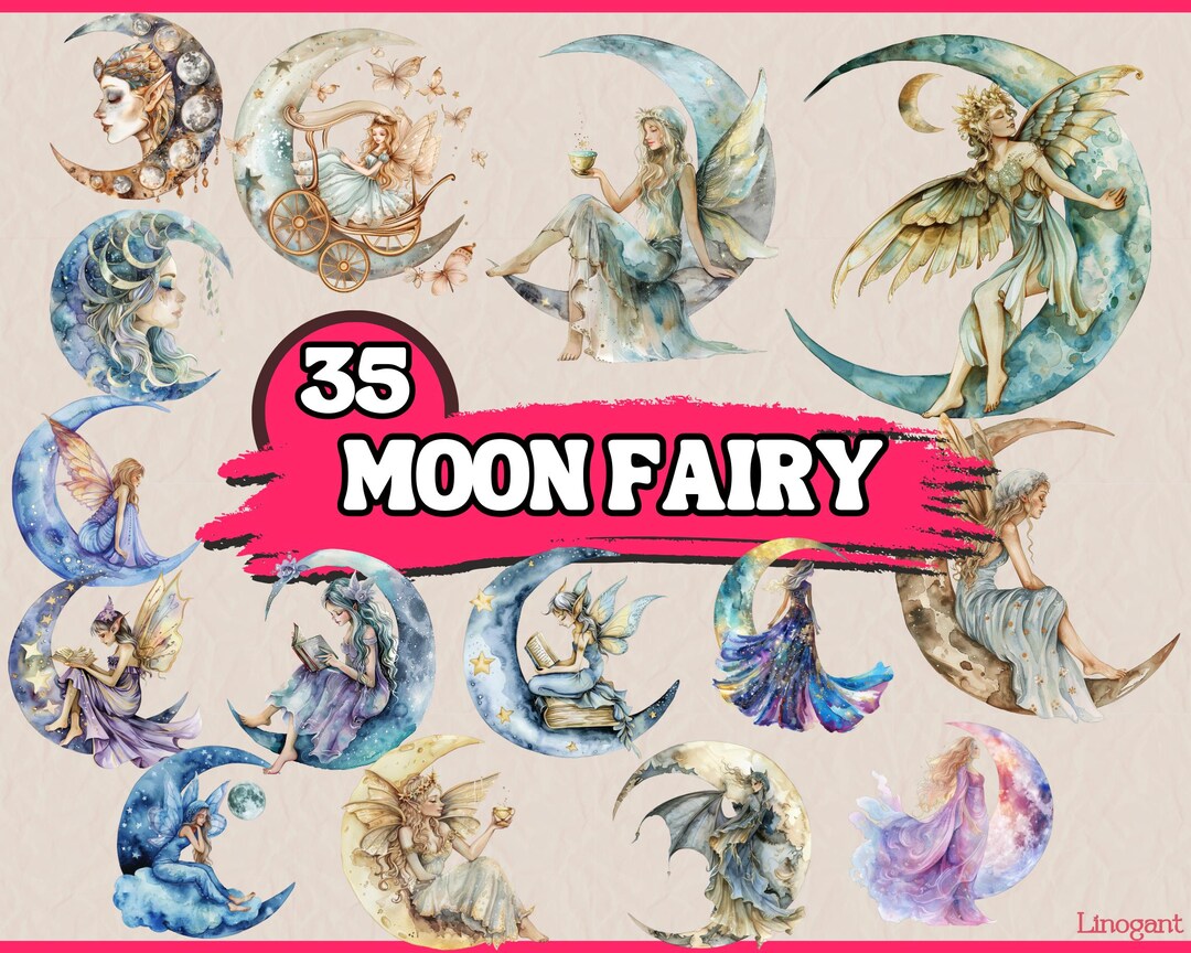 35 PNG Moon Fairy in Different Poses Clipart | Watercolor Fantasy Lunar ...