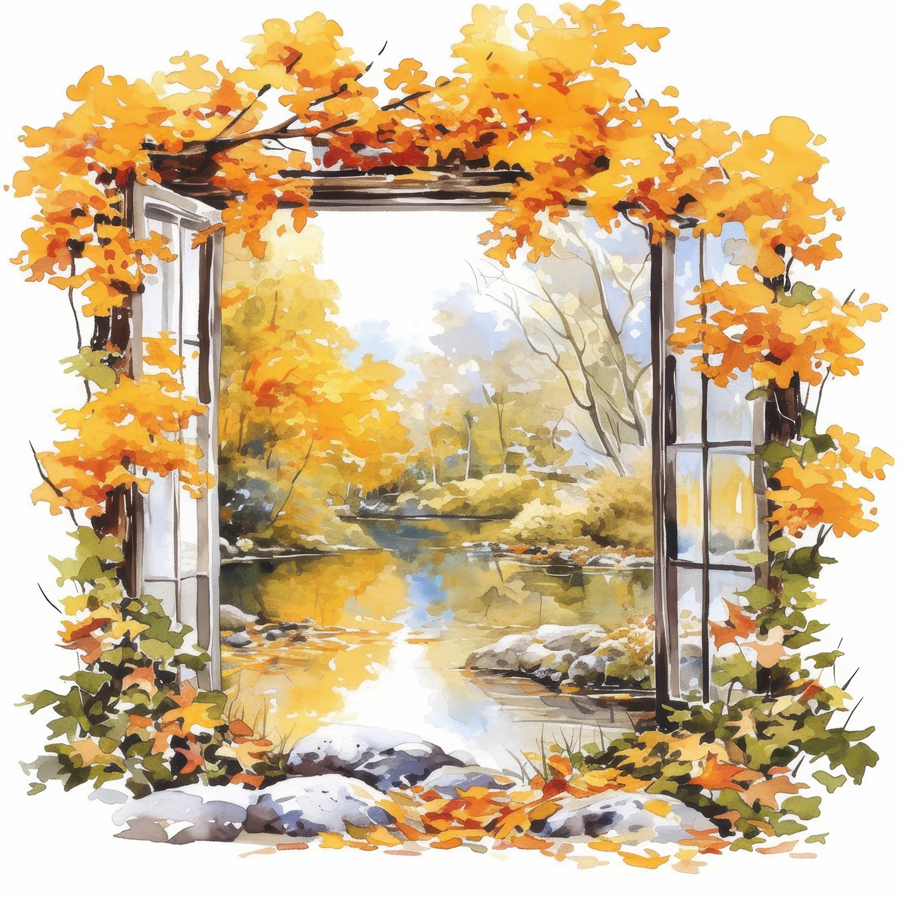 18 Window Autumn View Clipart Bundle, Cozy Fall Scenery Illustration ...