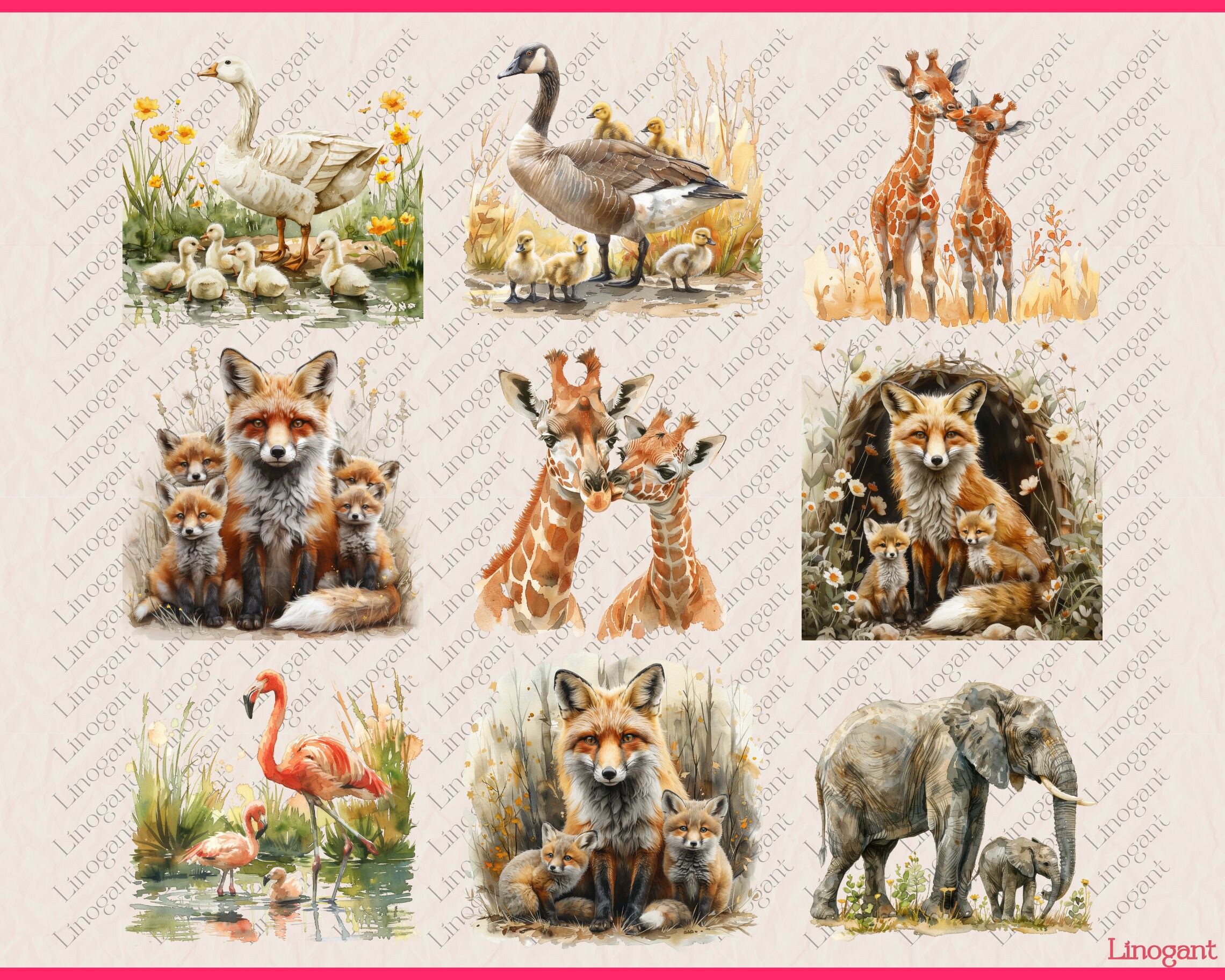 Watercolor Cute Mother and Baby Animals Clipart Bundle, Mom and Baby ...