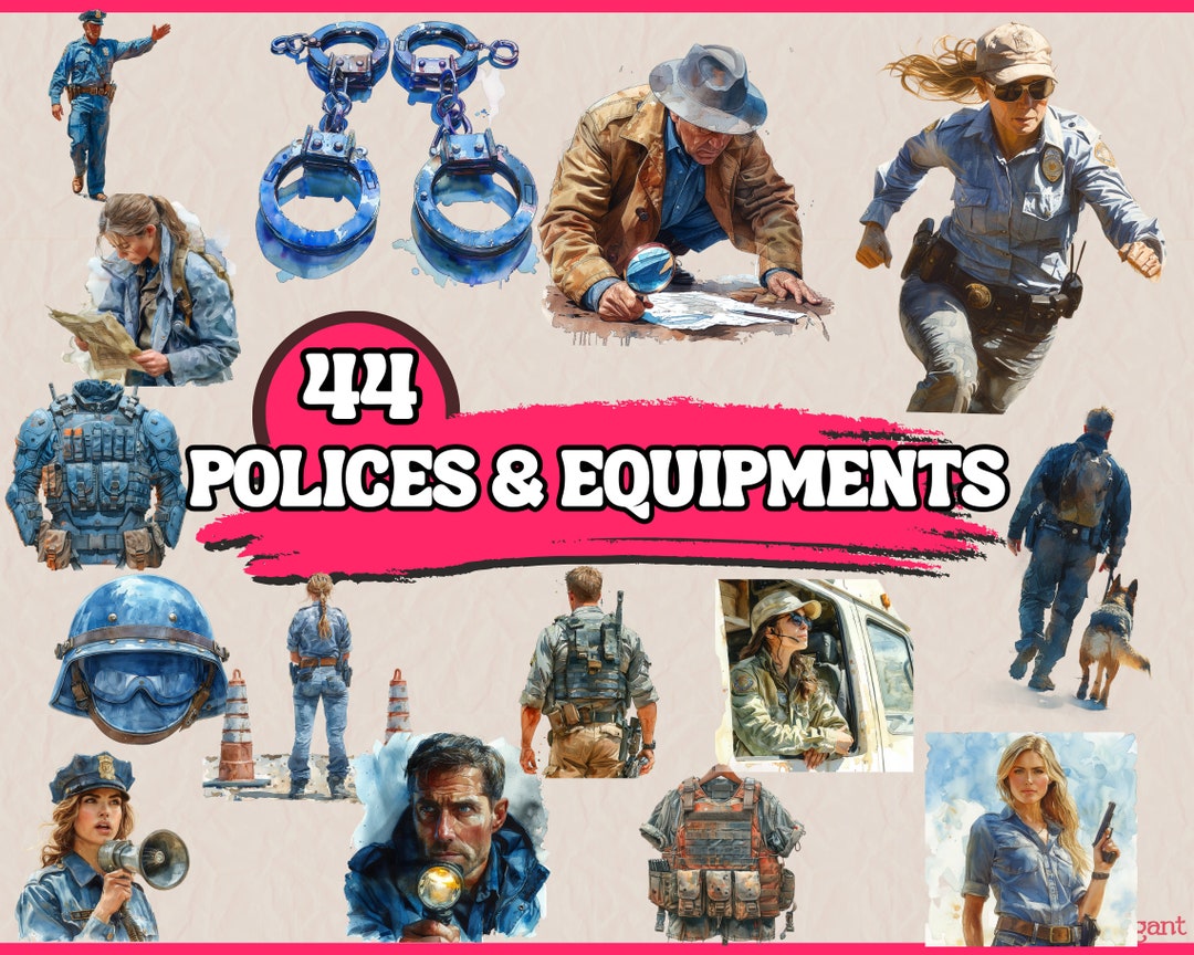 Watercolor Polices and Equipments Clipart Bundle, Cops and Dogs Clip ...
