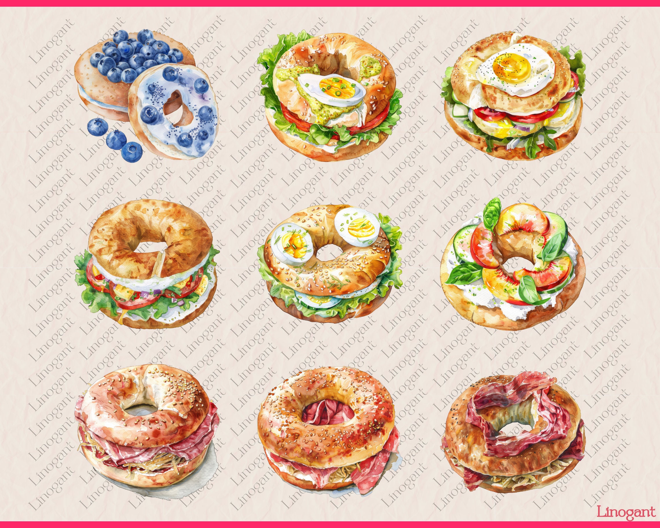 Watercolor Bagel Sandwich Clipart Bundle, Breakfast Food Clip Art Set ...
