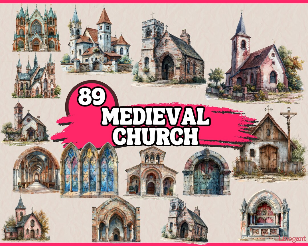 Watercolor Medieval Church Clipart Bundle, Middle Age Historical ...