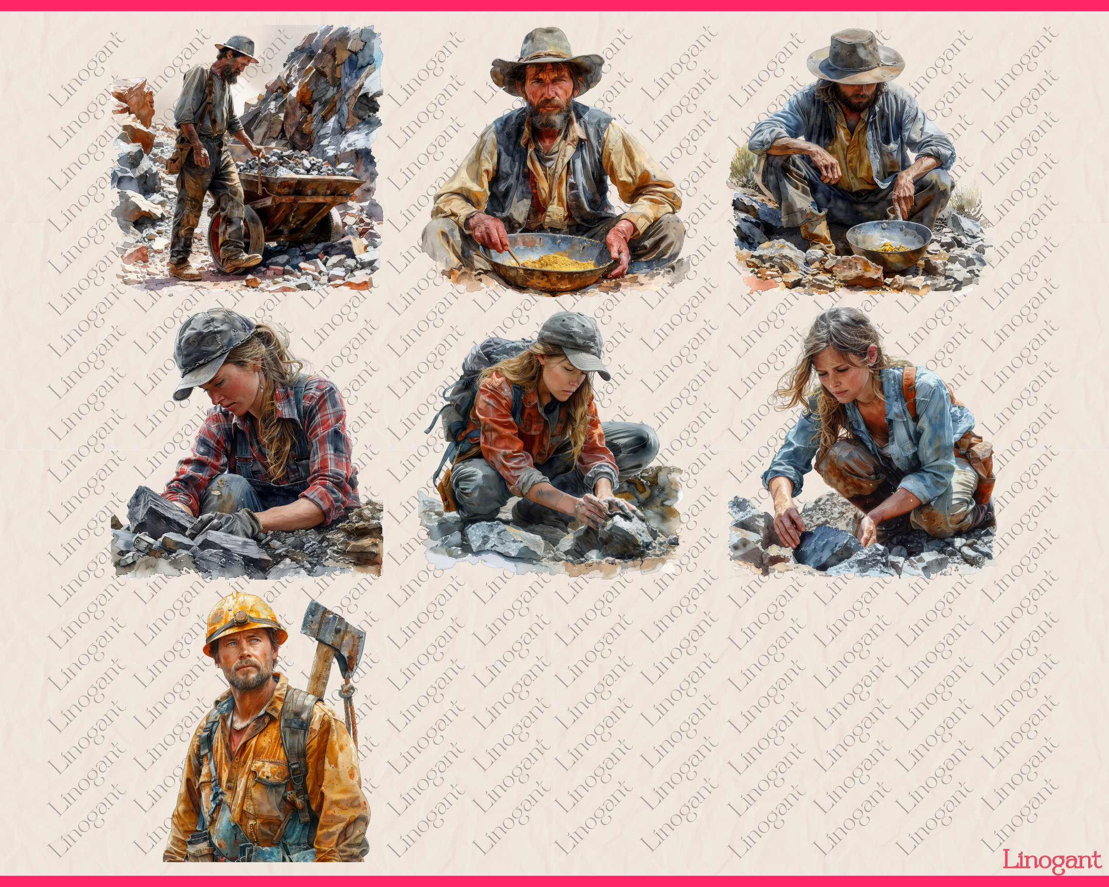 Watercolor Miners Clipart Bundle, Mining Clip Art Set, Gold Miner ...