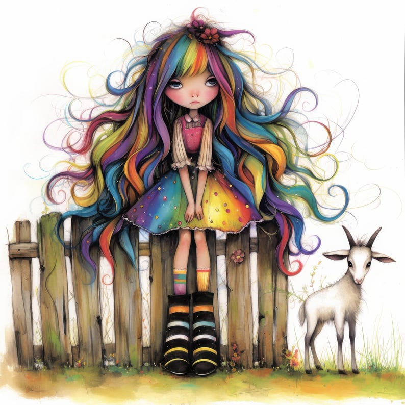 Whimsical Girl With Goat Clip Art 11 High Res Watercolor Jpgs for Junk ...