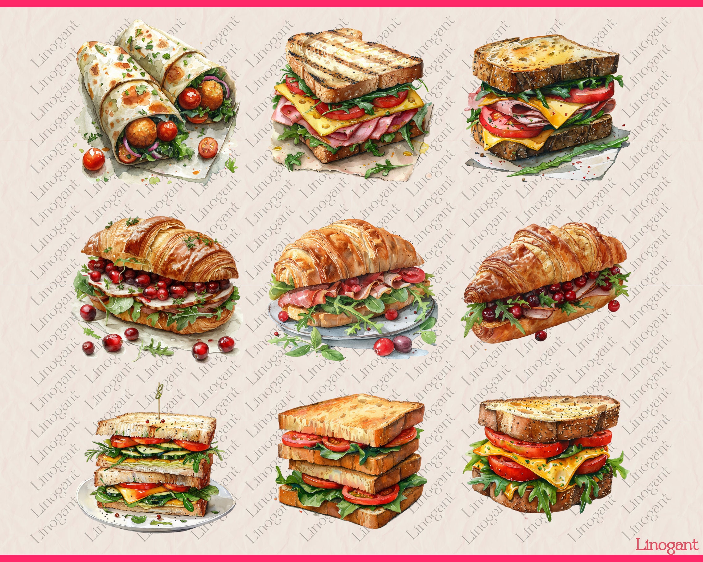 Watercolor Sandwich Clipart Bundle, Breakfast Food Clip Art Set, Bakery ...