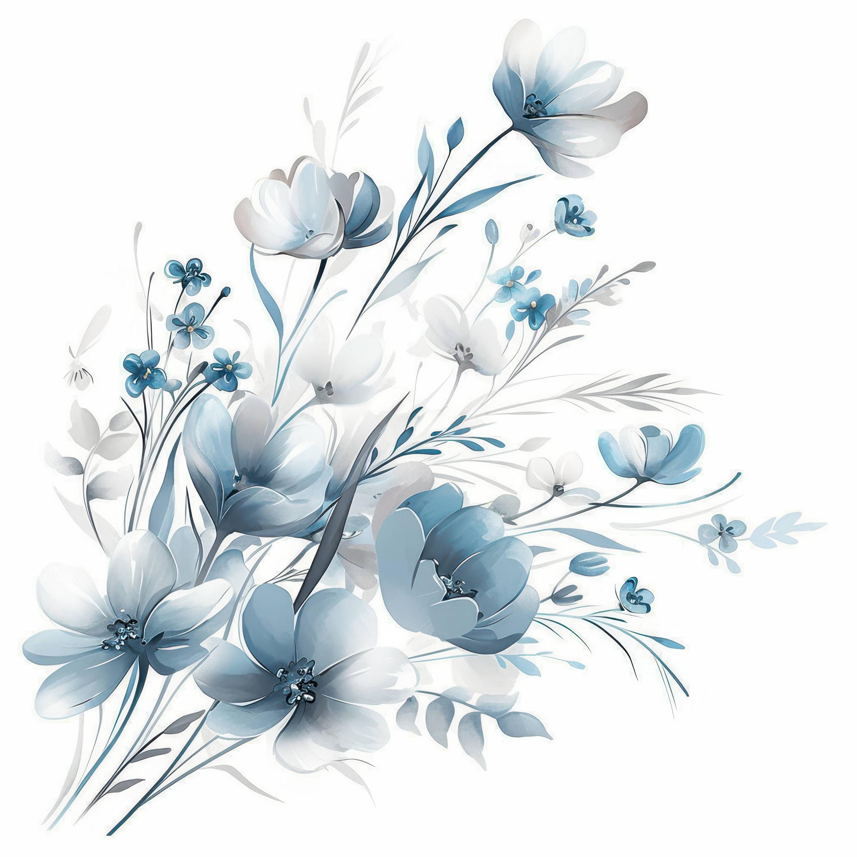 10 Frosty Blue Floral Clipart Bundle, Delicate Flower Illustration ...